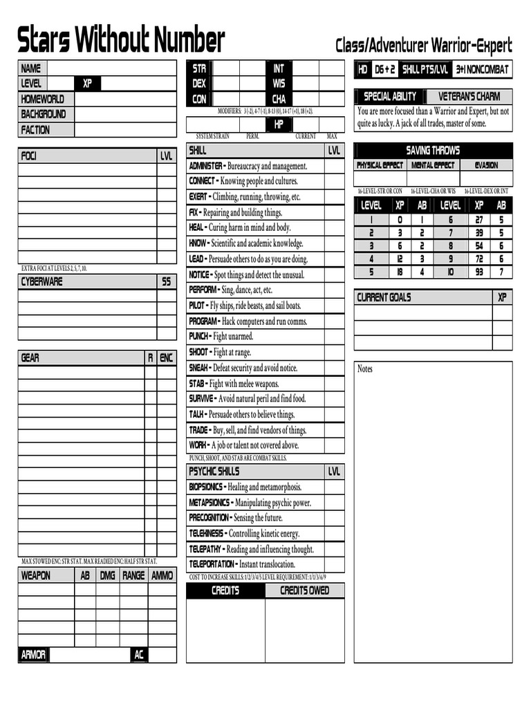 Adventurer Warrior-Expert - Stars Without Number Revised Edition Character Sheet v2.1 | PDF