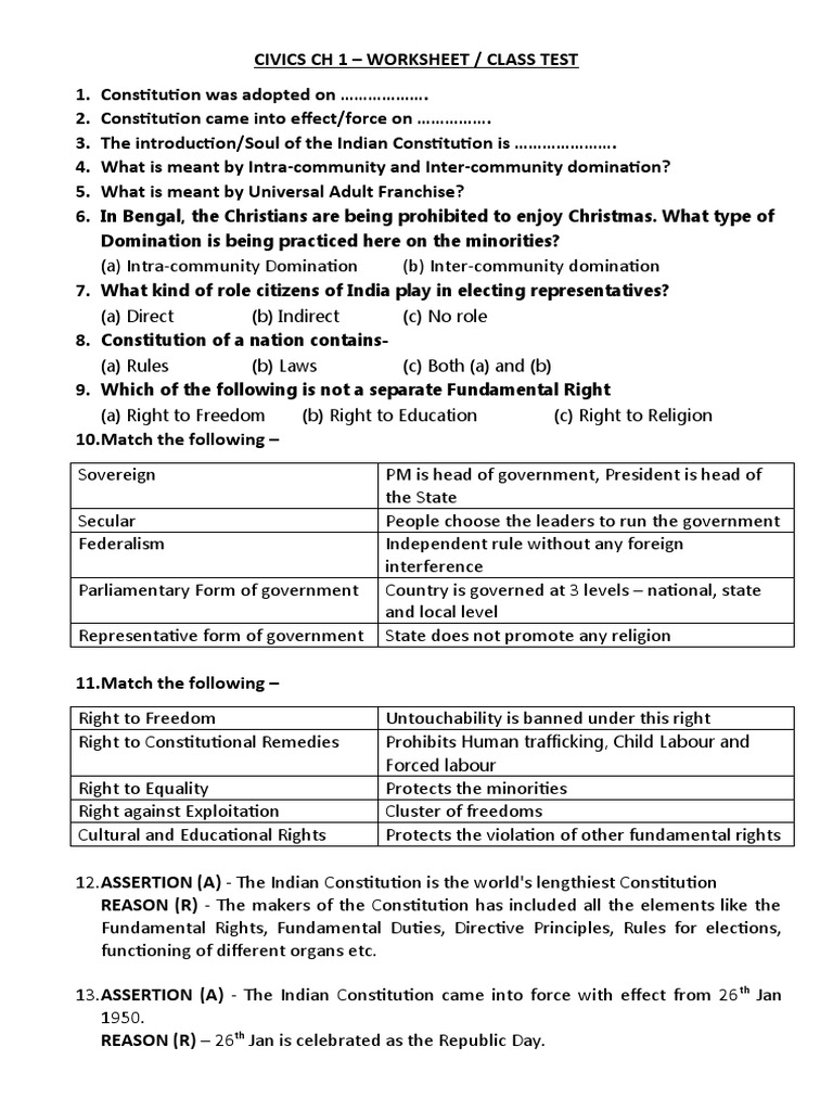 CIVICS CH 1 WORKSHEET | PDF | Ethical Principles | Government And ...