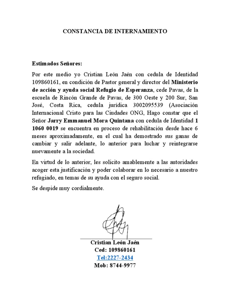 Constancia de Internamiento | PDF