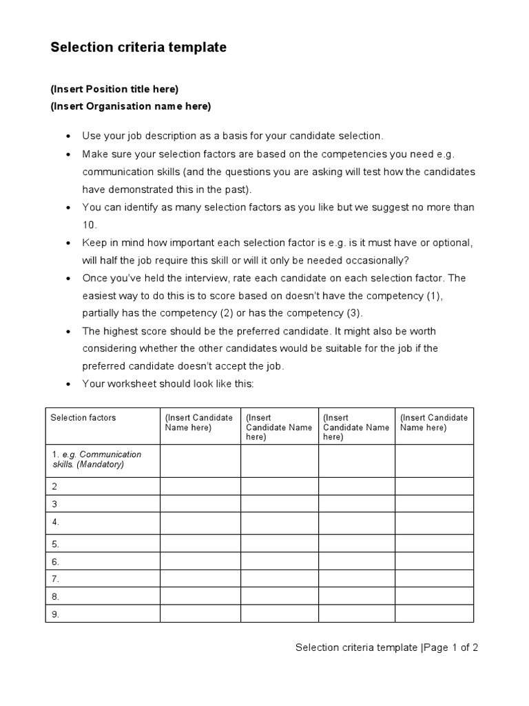 Selection Criteria Template | PDF