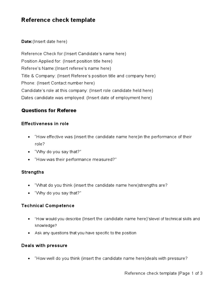Reference Check Template Pdf Psychology Cognitive Science