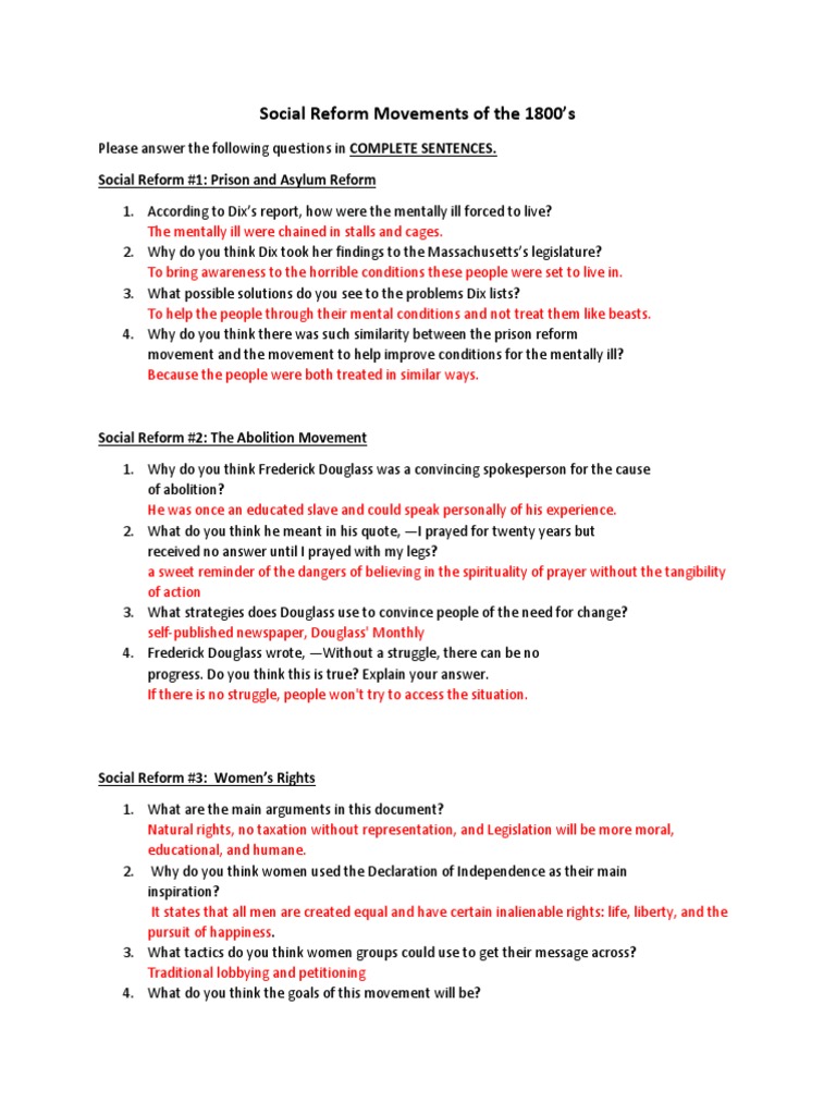 Social Reform Movements Answer Sheet | PDF