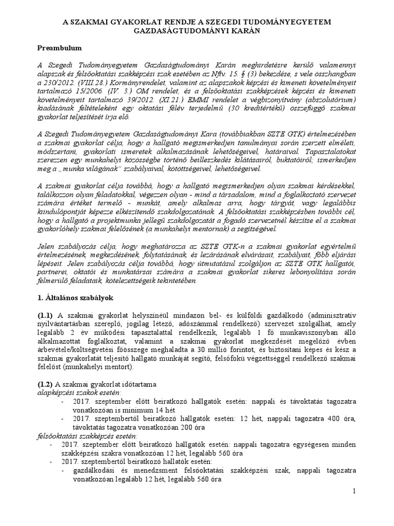 A Szakmai Gyakorlat Rendje | PDF