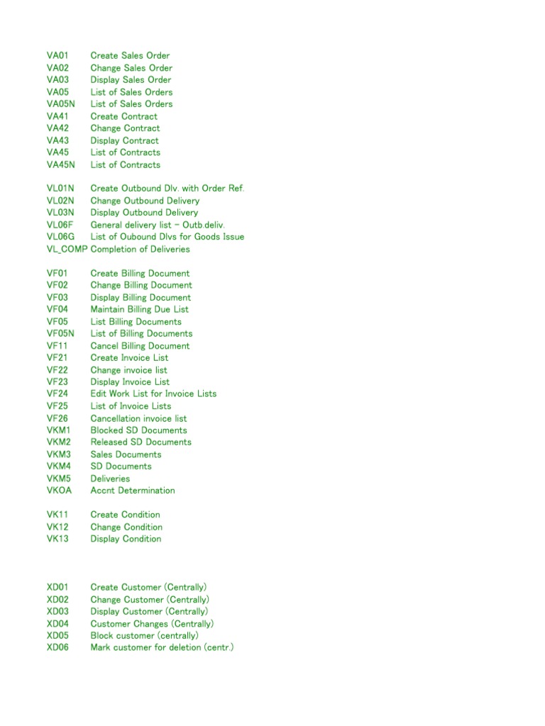 SAP SD Transaction Codes | PDF | Business | Economies