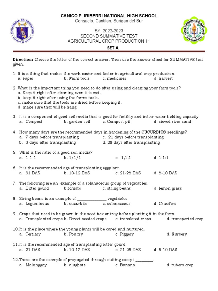 Agricultural Crop Production Test 11 | PDF | Compost | Vegetables