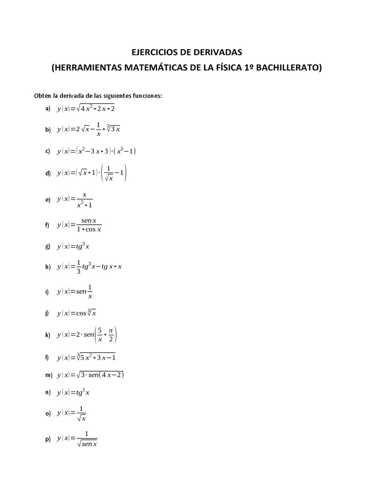 EJERCICIOS DE DERIVADAS 1º Bachillerato Herramientas Matemáticas | PDF