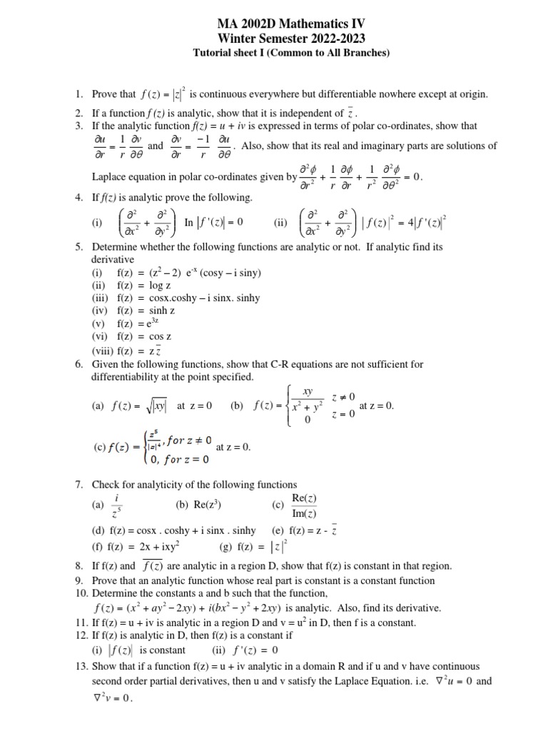 Mathematics IV Tutorial Sheet 2022-2023 | PDF | Function (Mathematics ...