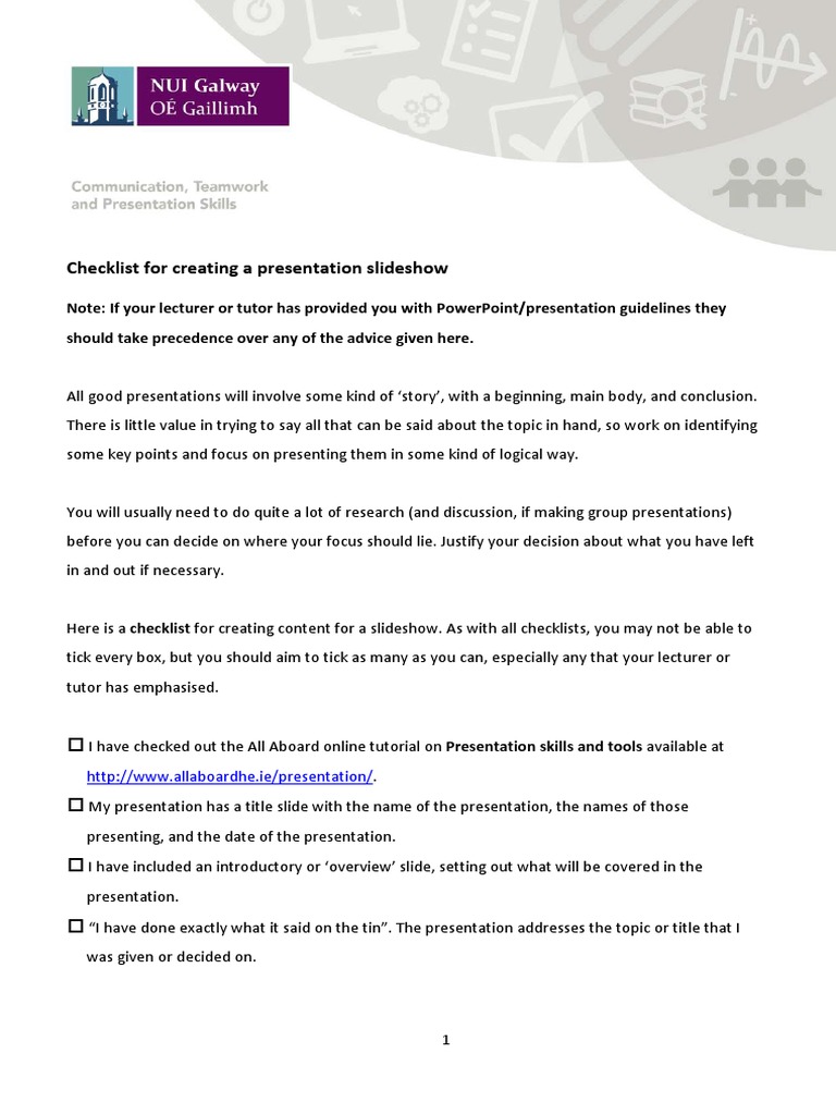 Checklist For Creating A Presentation Slideshow | PDF | Communication
