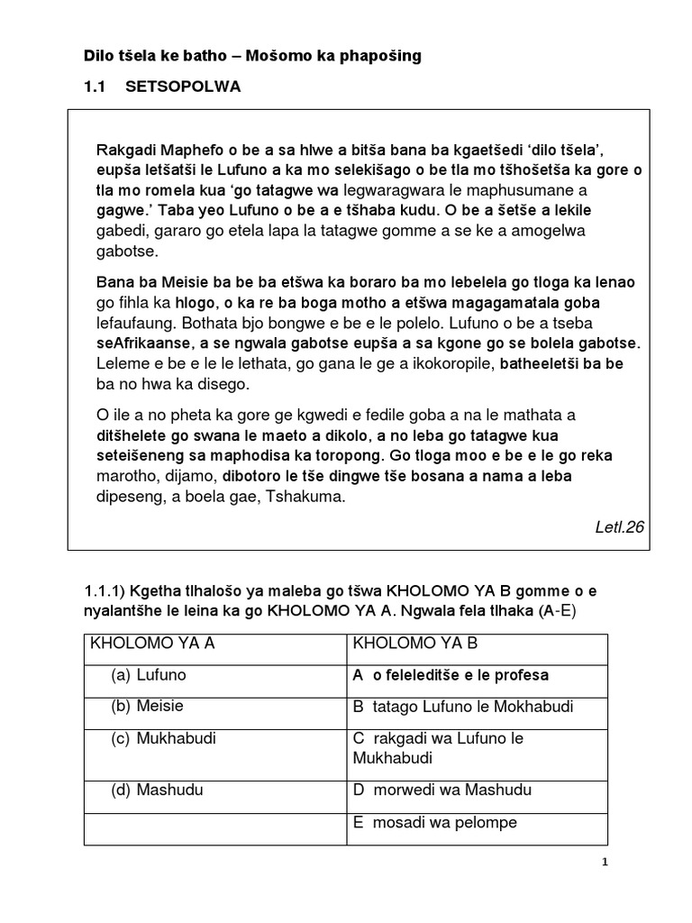 Dilo Tšela Ke Batho CLASSWORK 1 | PDF