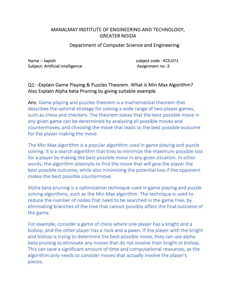 Artificial Intelligence Assignment on Game Playing, Knowledge Representation, Production Systems ...