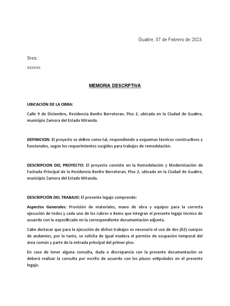 Memoria Descriptiva de Obra | PDF