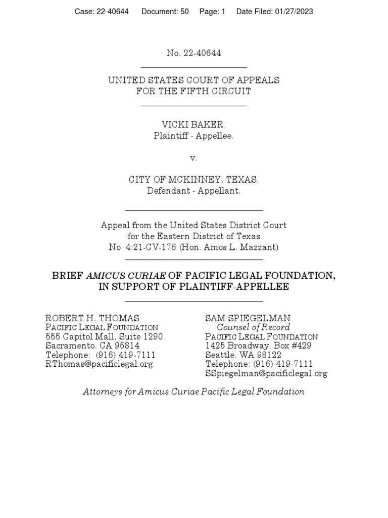 Brief Amicus Curiae of Pacific Legal Foundation, Baker v. City of ...