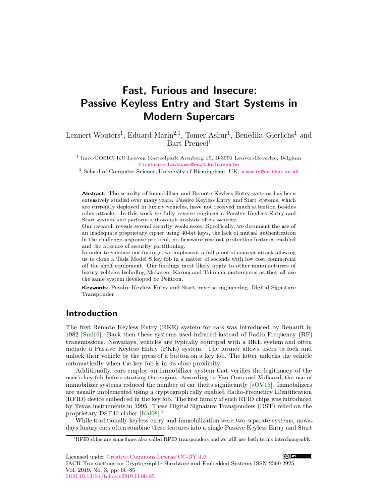 Fast, Furious and Insecure: Passive Keyless Entry and Start Systems in Modern Supercars | PDF ...
