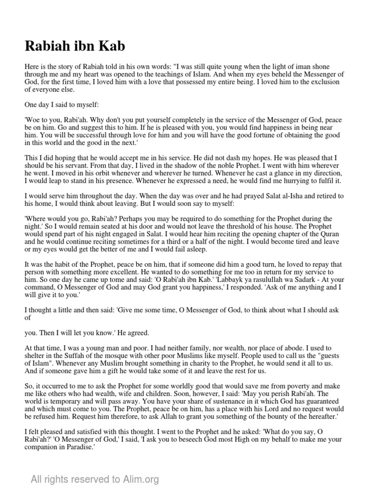 Rabiah Ibn Kab | PDF | Prophets And Messengers In Islam | Muhammad