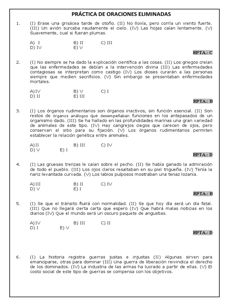 Práctica de Oraciones Eliminadas Con Respuesta | PDF