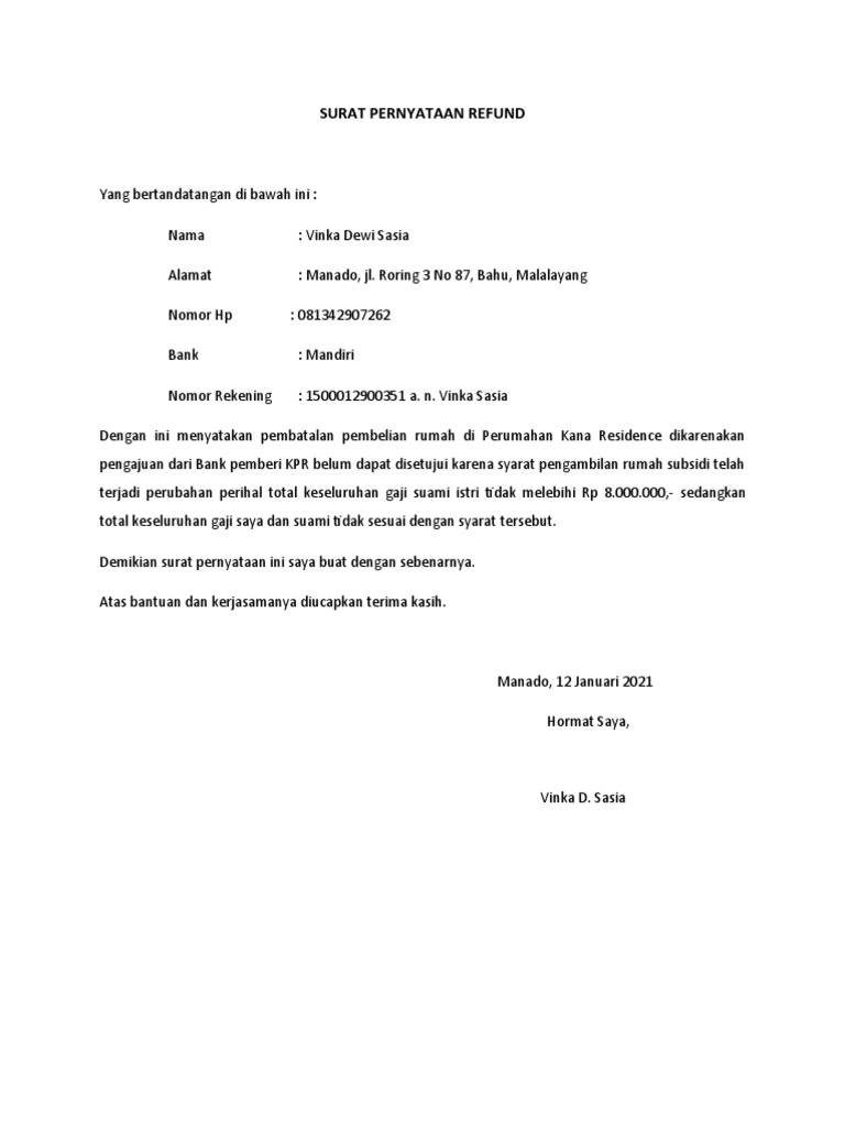 Surat Pernyataan Refund Vinka | PDF