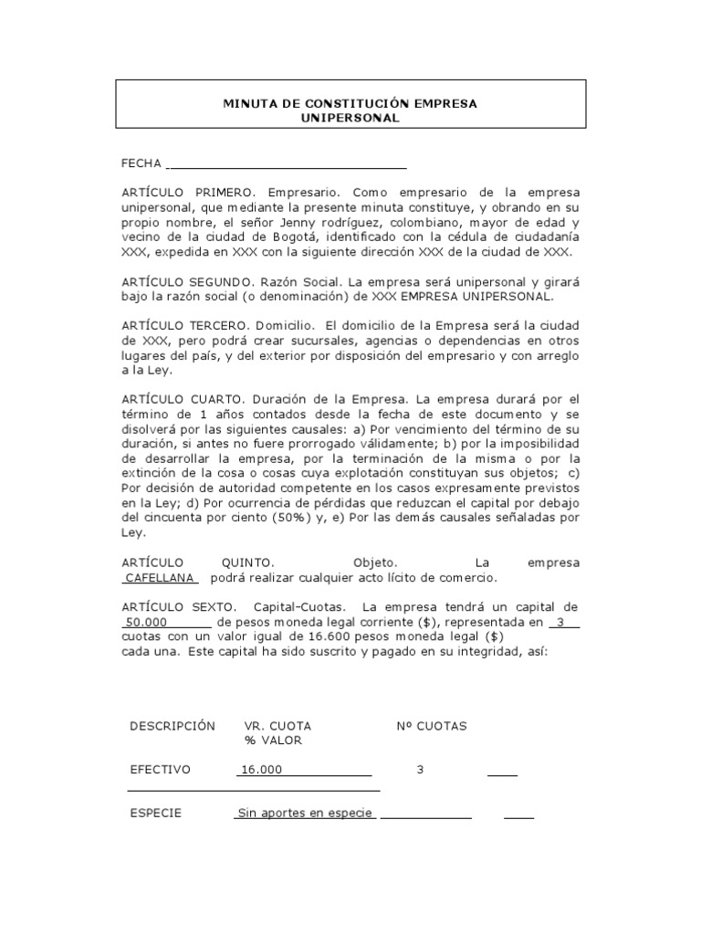 Minuta de Constitución Empresa Unipersonal | PDF | Sociedad de responsabilidad limitada ...