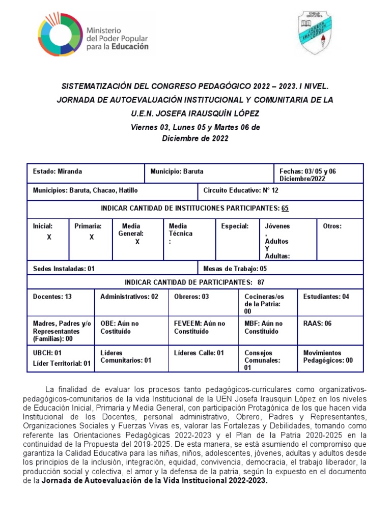 Autoevaluación Institucional y Comunitaria Uen Josefa Irausquin López ...