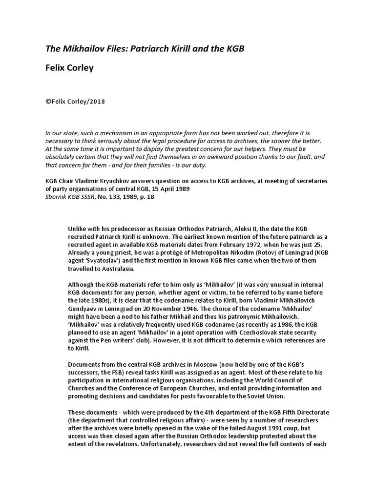 The Mikhailov Files Patriarch Kirill and KGB | PDF | KGB | Russian Orthodox Church