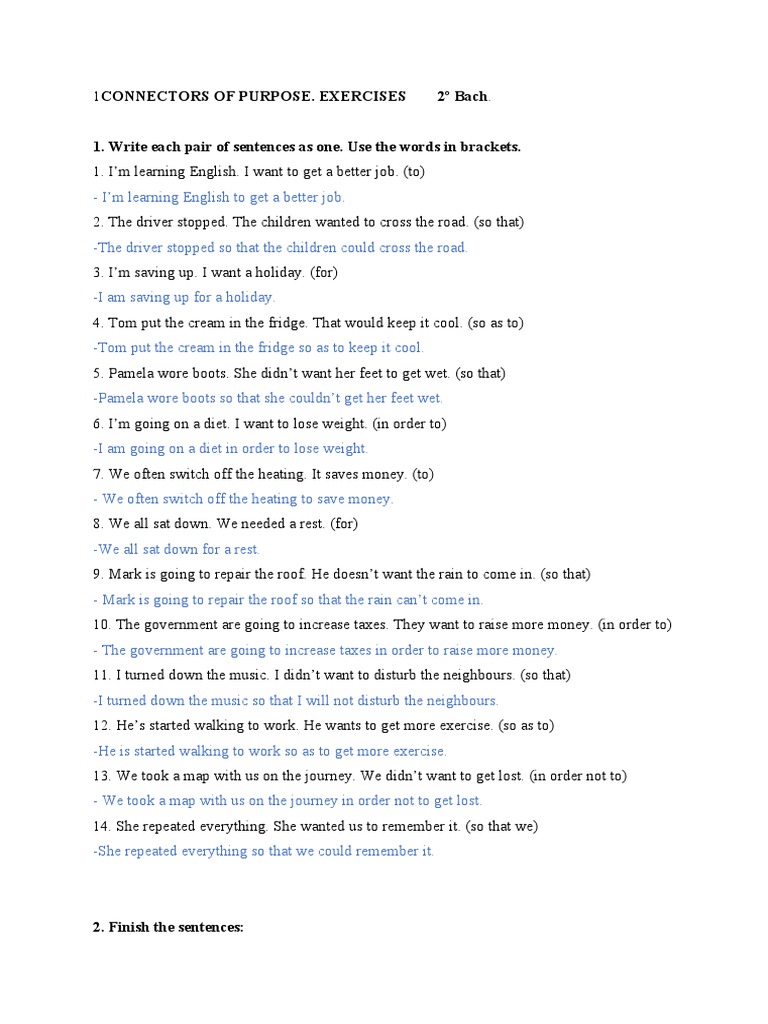 Connectors of Purpose, Exercises. 2 Bach Resueltos | PDF