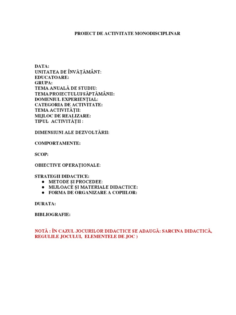 Structura Unui Proiect de Activitate Monodisciplinara | PDF