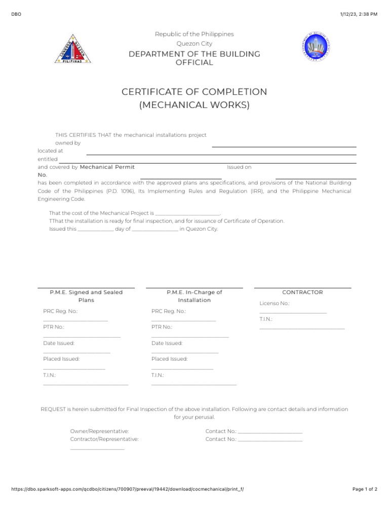 Mechanical Completion Certificate Form | PDF
