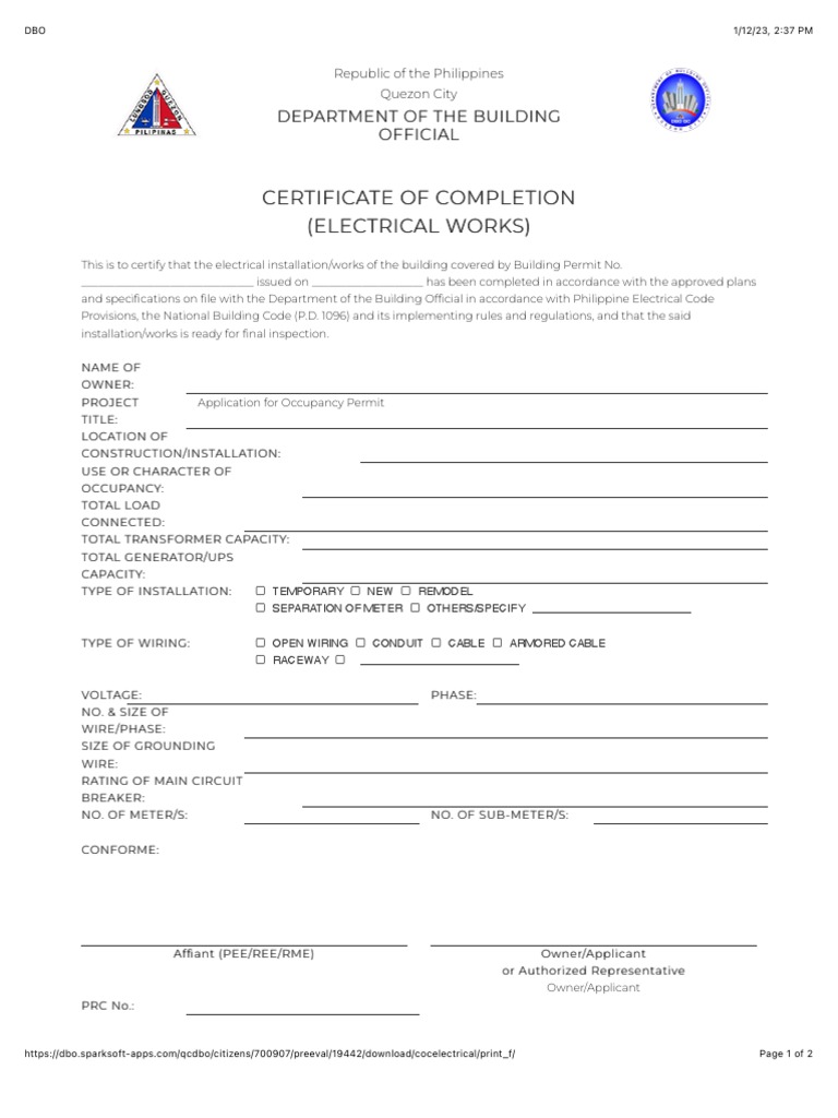 Electrical Completion Form | PDF | Electrical Wiring | Power (Physics)