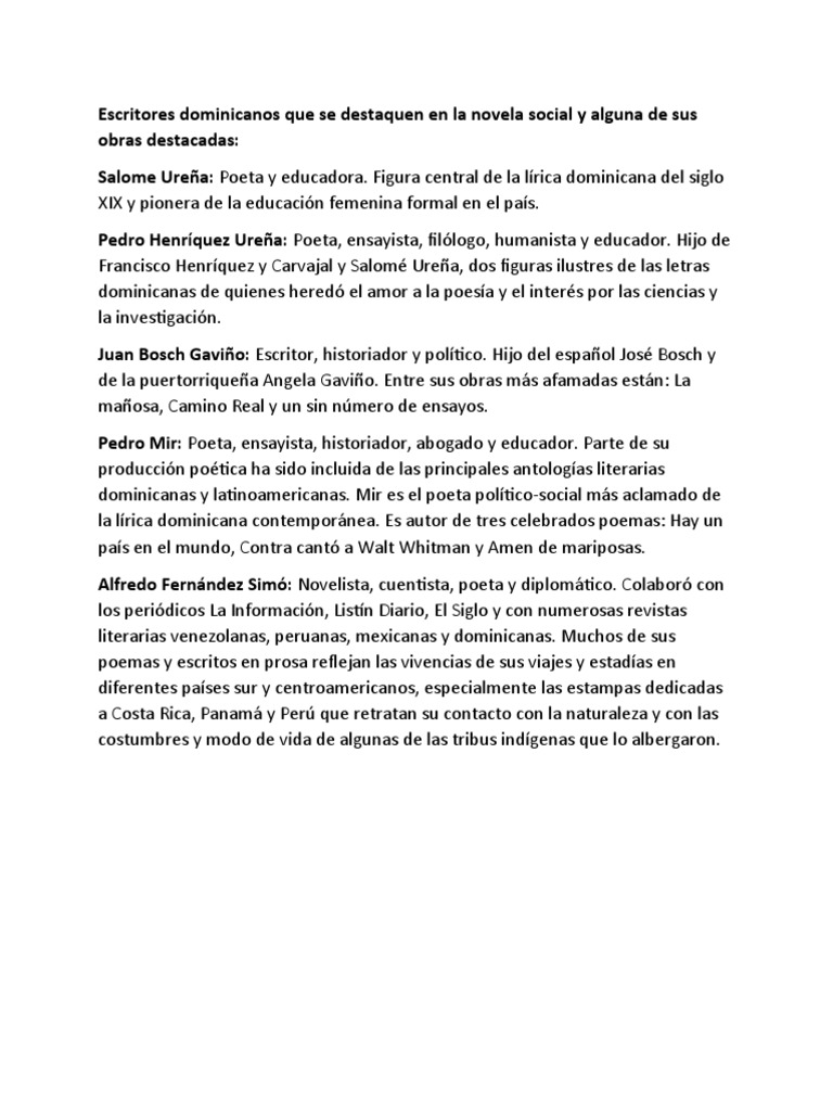 Escritores Dominicanos Que Se Destaquen en La Novela Social y Alguna de ...