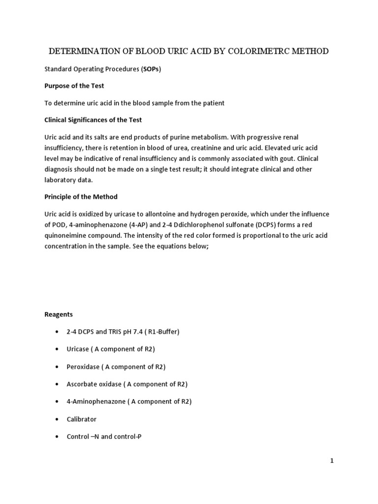 Sop For Determination of Uric Acid by Colorimetry 5 | PDF | Chemistry ...