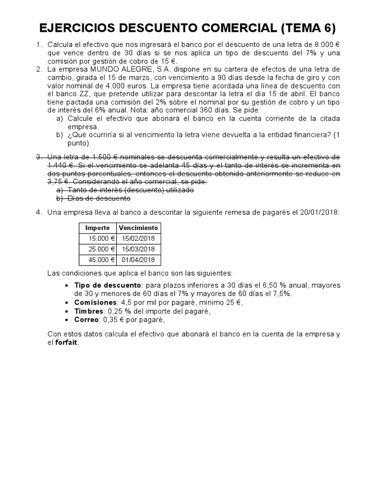 Ejercicios de Descuento Comercial y Cálculos | PDF