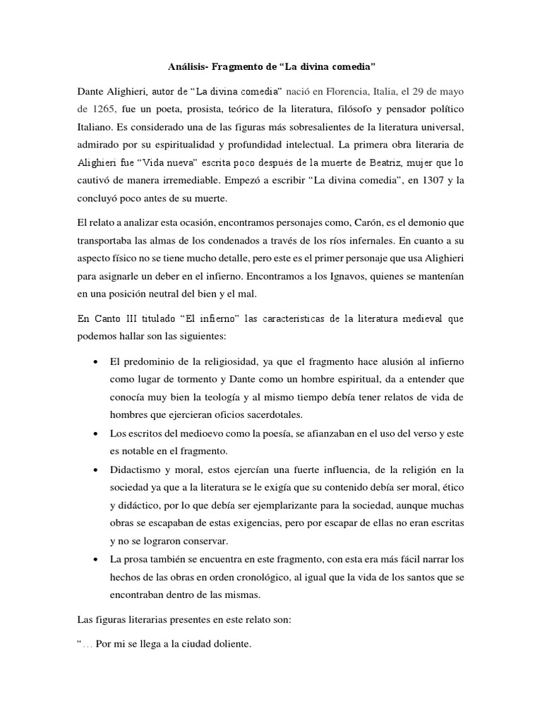 Análisis Fragmento Canto III | PDF | Divina Comedia | Dante Alighieri