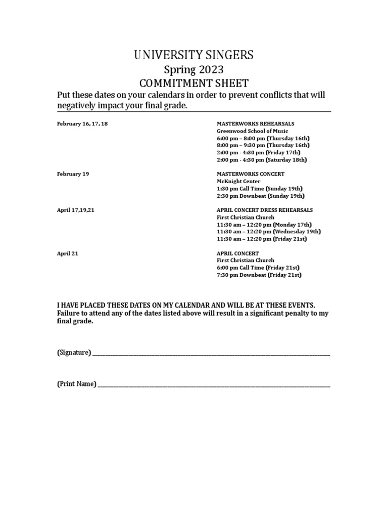 Example Choral Commitment Sheet | PDF