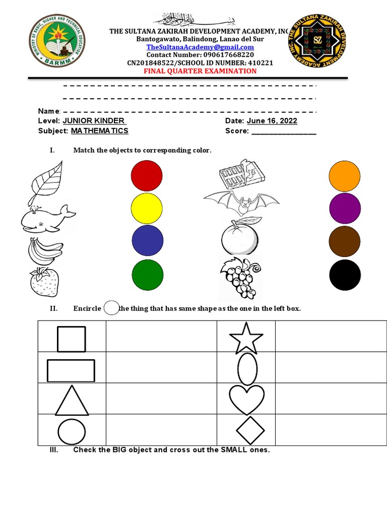 Juniot kinder Math Exam | PDF