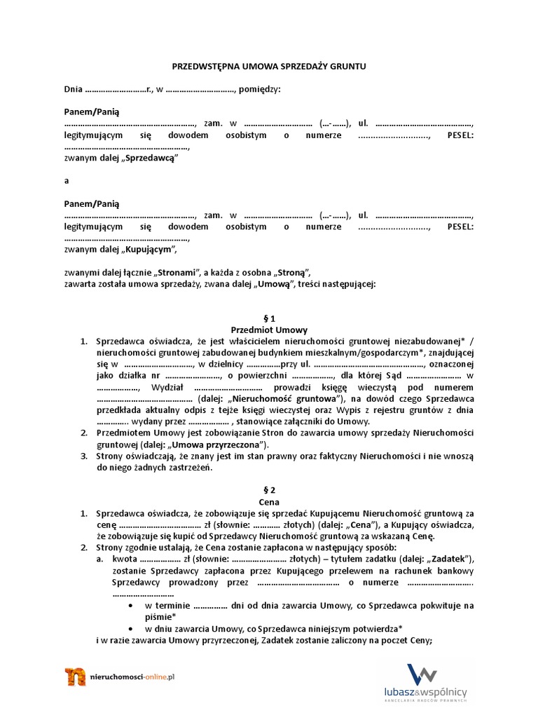 Przedwstepna Umowa Sprzedazy Gruntu Nieruchomosci-Online Kancelaria Lubasz | PDF
