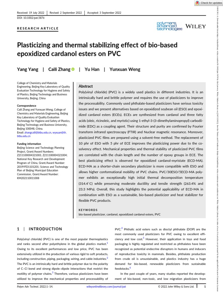 Polymers For Advanced Techs - 2022 - Yang - Plasticizing and Thermal ...