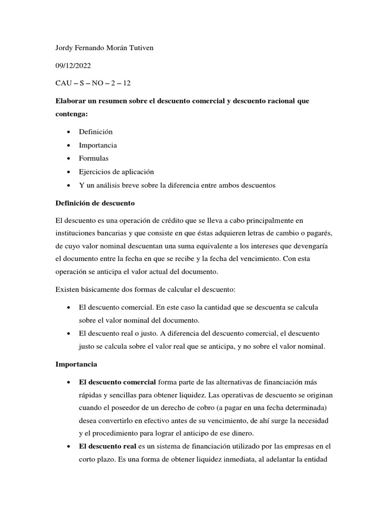DESCUENTO COMERCIAL Y DESCUENTO RACIONAL - Jordy Morán Tutiven | PDF ...