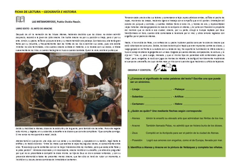 Ficha de Lectura - El Mito de Aracne (1º Eso) | PDF | Atenea