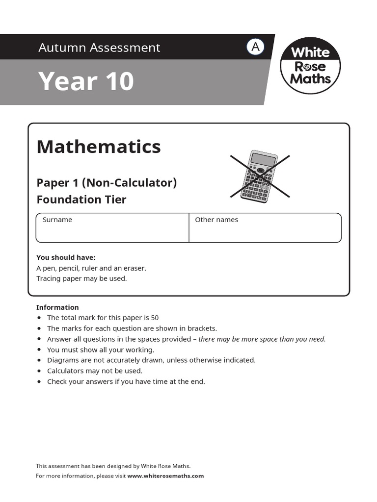 Year 10 Autumn Paper 1 Foundation A | PDF | Mathematics | Elementary ...