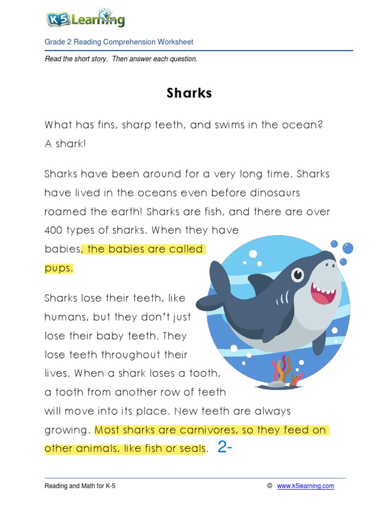 Reading Comprehension Worksheet and Kid's Fable - Sharks | PDF