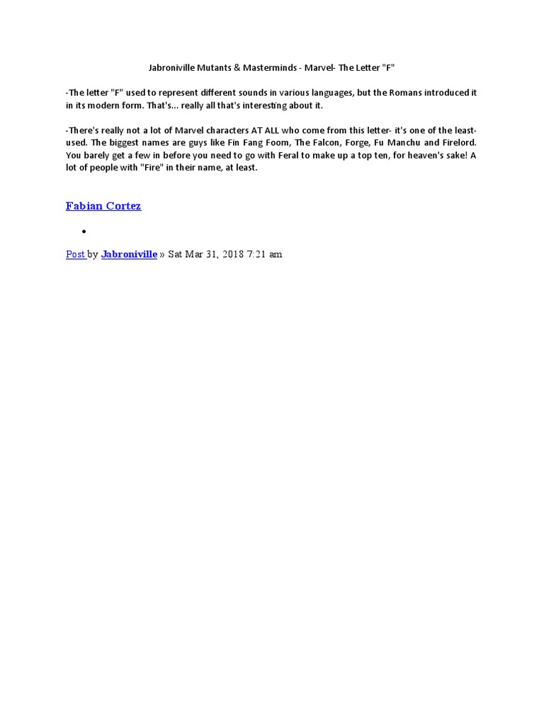 Jabroniville Mutants & Masterminds - Marvel - The Letter F | PDF ...