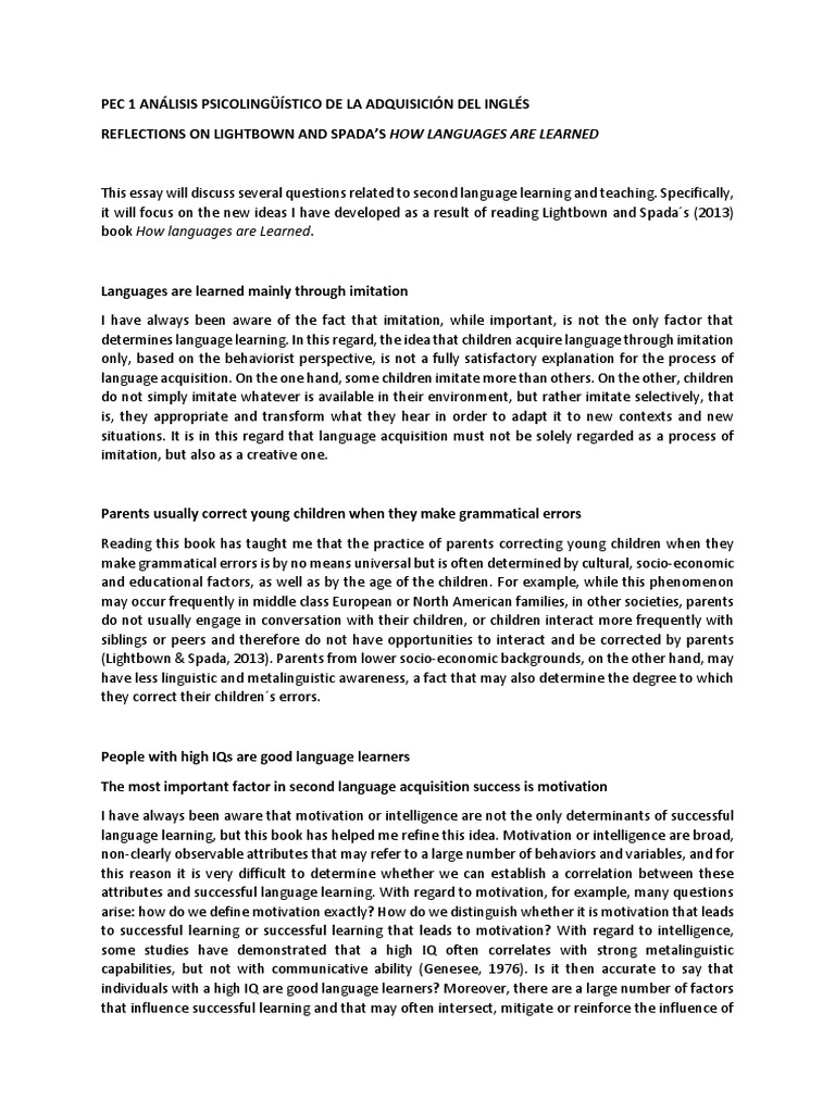 Reflections on Lightbown & Spada's Insights | PDF | Second Language ...