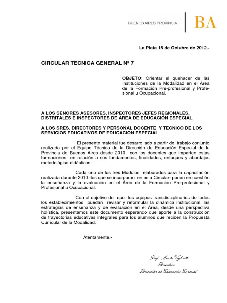 Circular Tecnica General Nro 7 de 2012 | PDF | Enseñando | Invalidez
