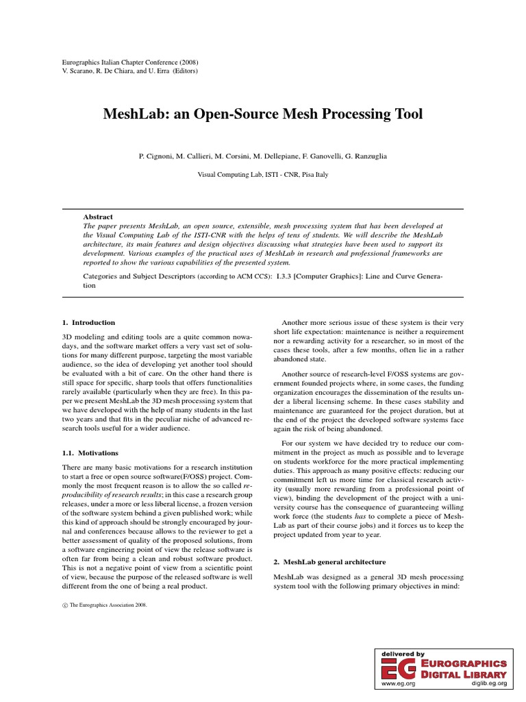 MeshLab: An Open-Source Mesh Processing Tool that Provides a Variety of Filtering and Analysis ...