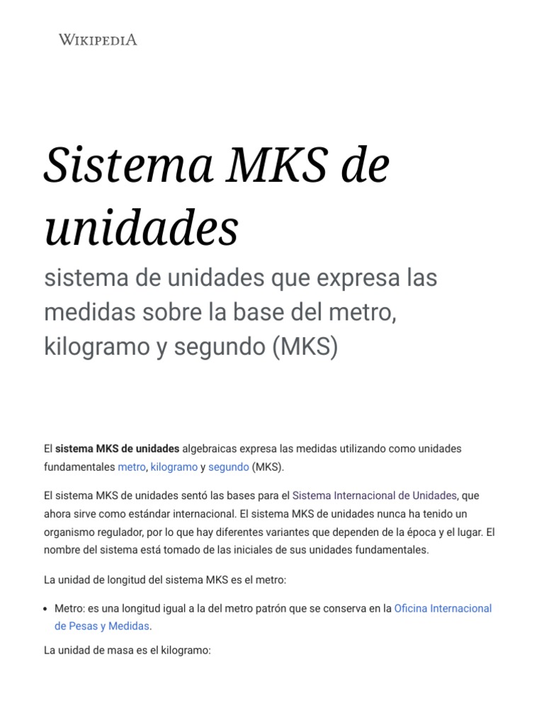 Sistema MKS de Unidades - Wikipedia, La Enciclopedia Libre | PDF