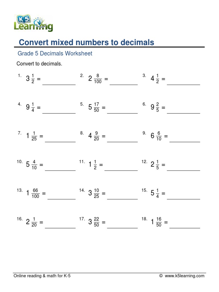 Grade 5 Fractions To Decimals Various Denominators B | PDF | Notation ...
