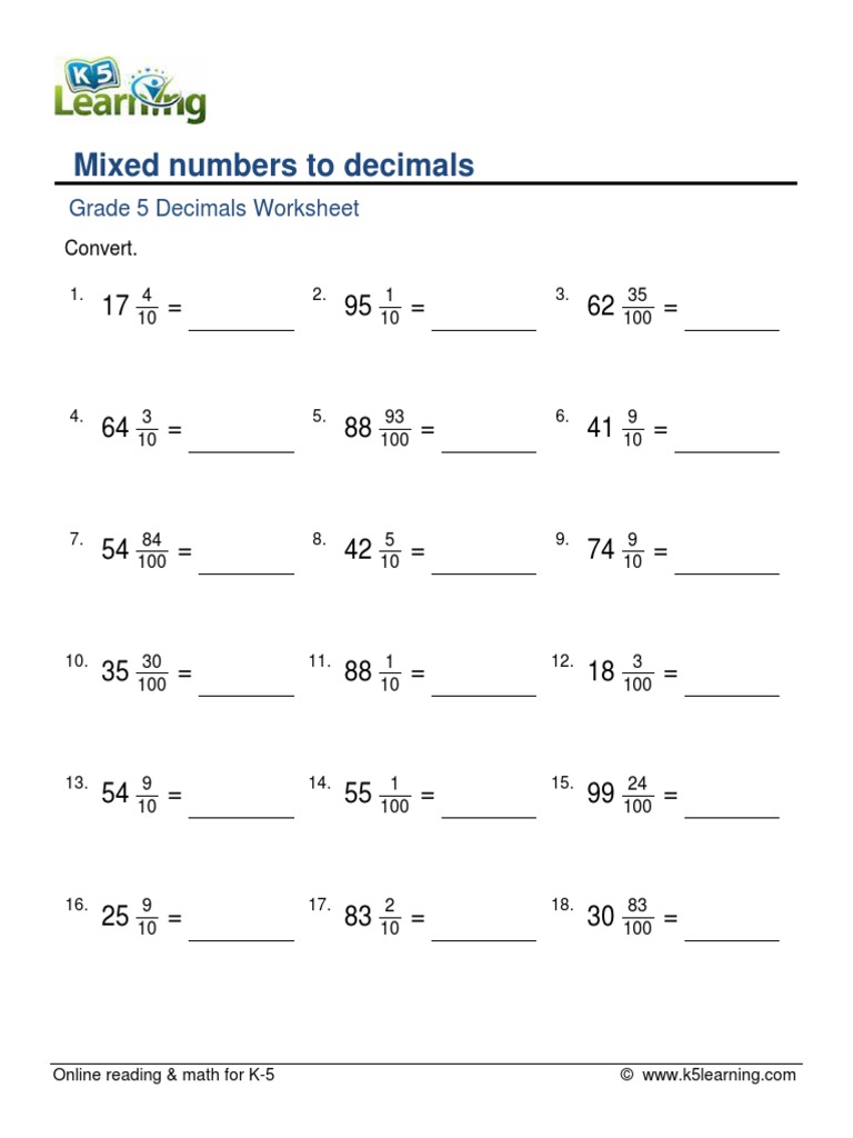 Grade 5 Mixed Numbers To Decimals B | PDF | Division (Mathematics ...
