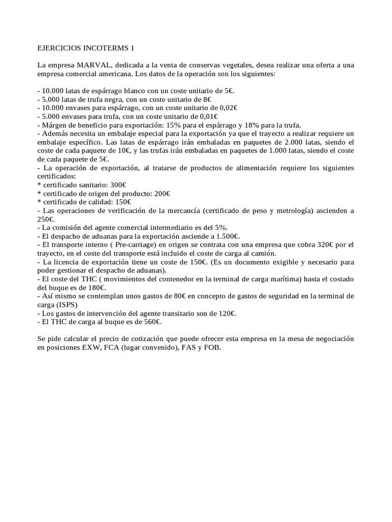 Ejercicio Incoterms 1 (EXW, FCA, FAS y FOB) | PDF | Transporte de ...