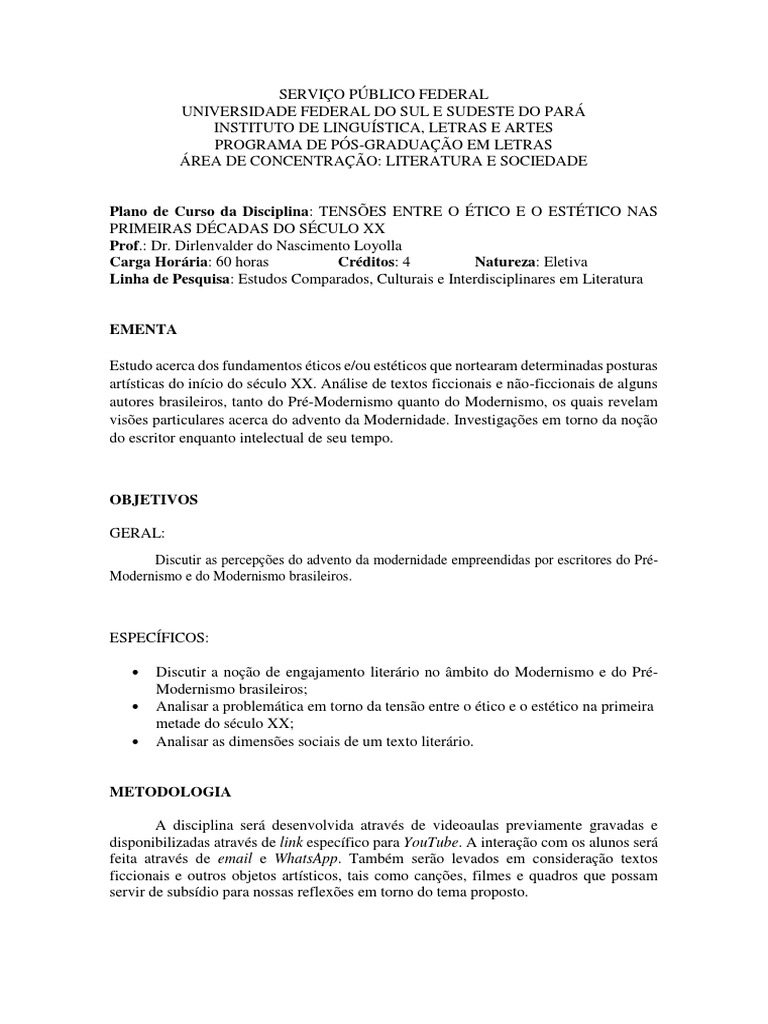 Plano - Tensões Entre o Ético e o Estético - Poslet - Modo Remoto 2020 ...