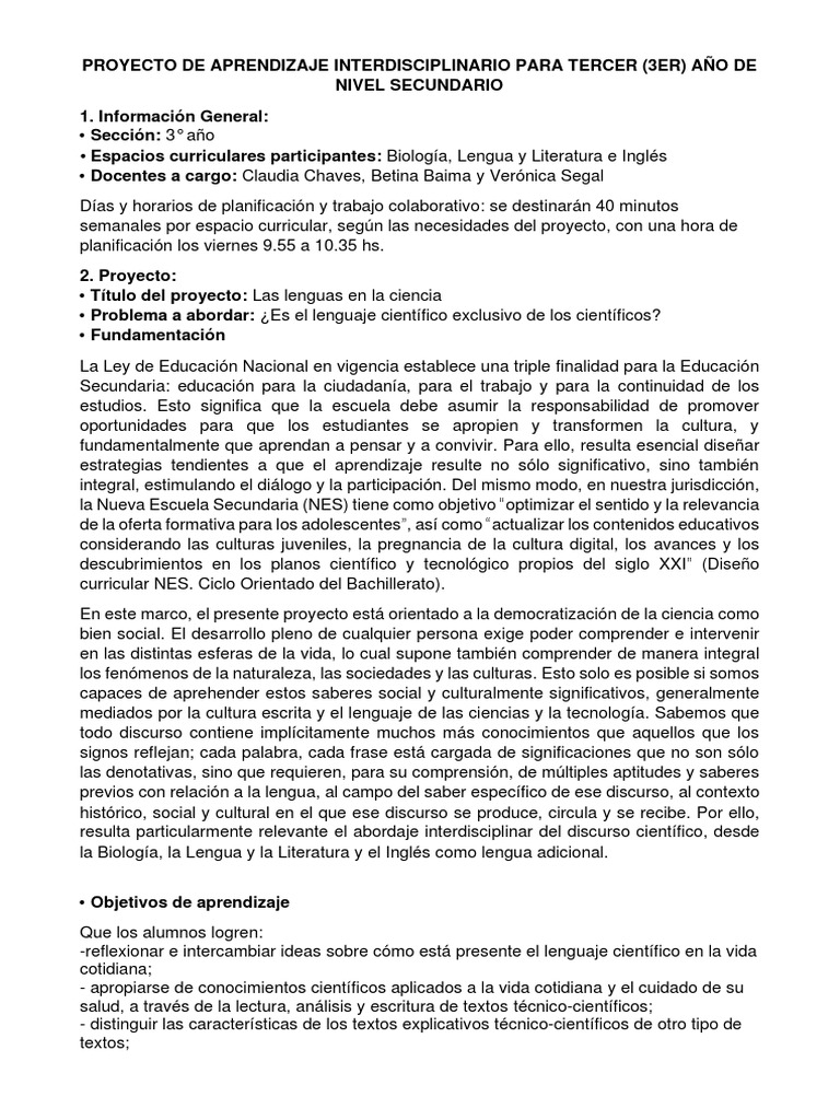 PROYECTO DE APRENDIZAJE INTERDISCIPLINARIO 3er Año - Lenguaje Cientifico | PDF | Aprendizaje ...