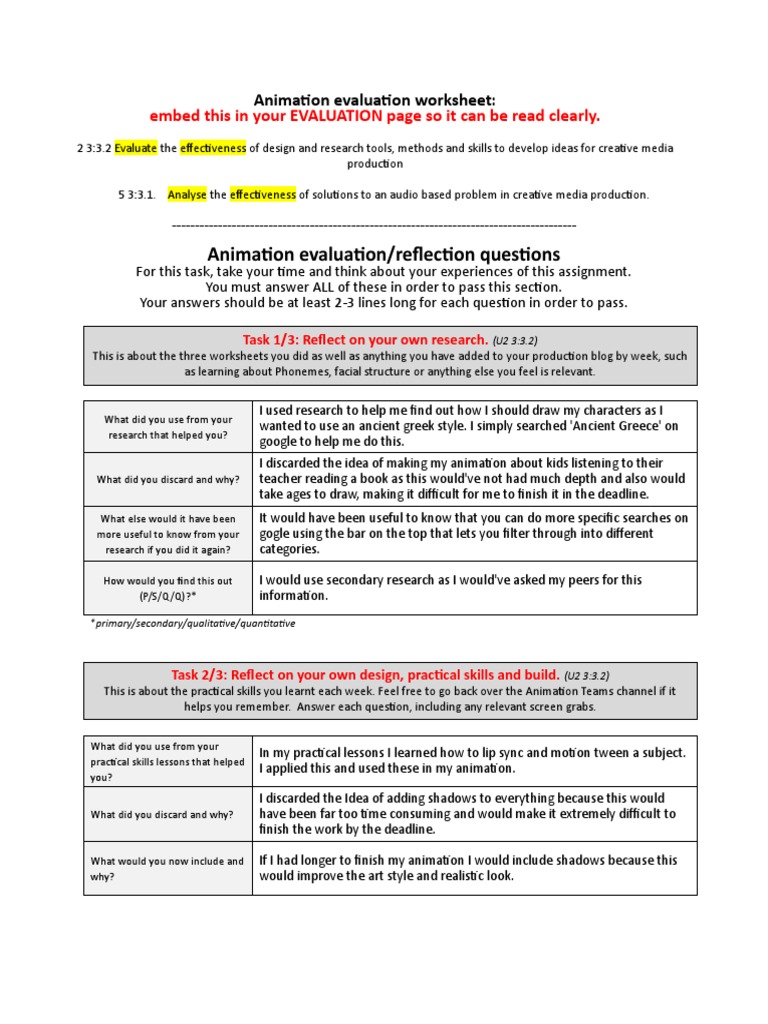 Animation Evaluation Worksheet 2223 | PDF | Cognition | Cognitive Science